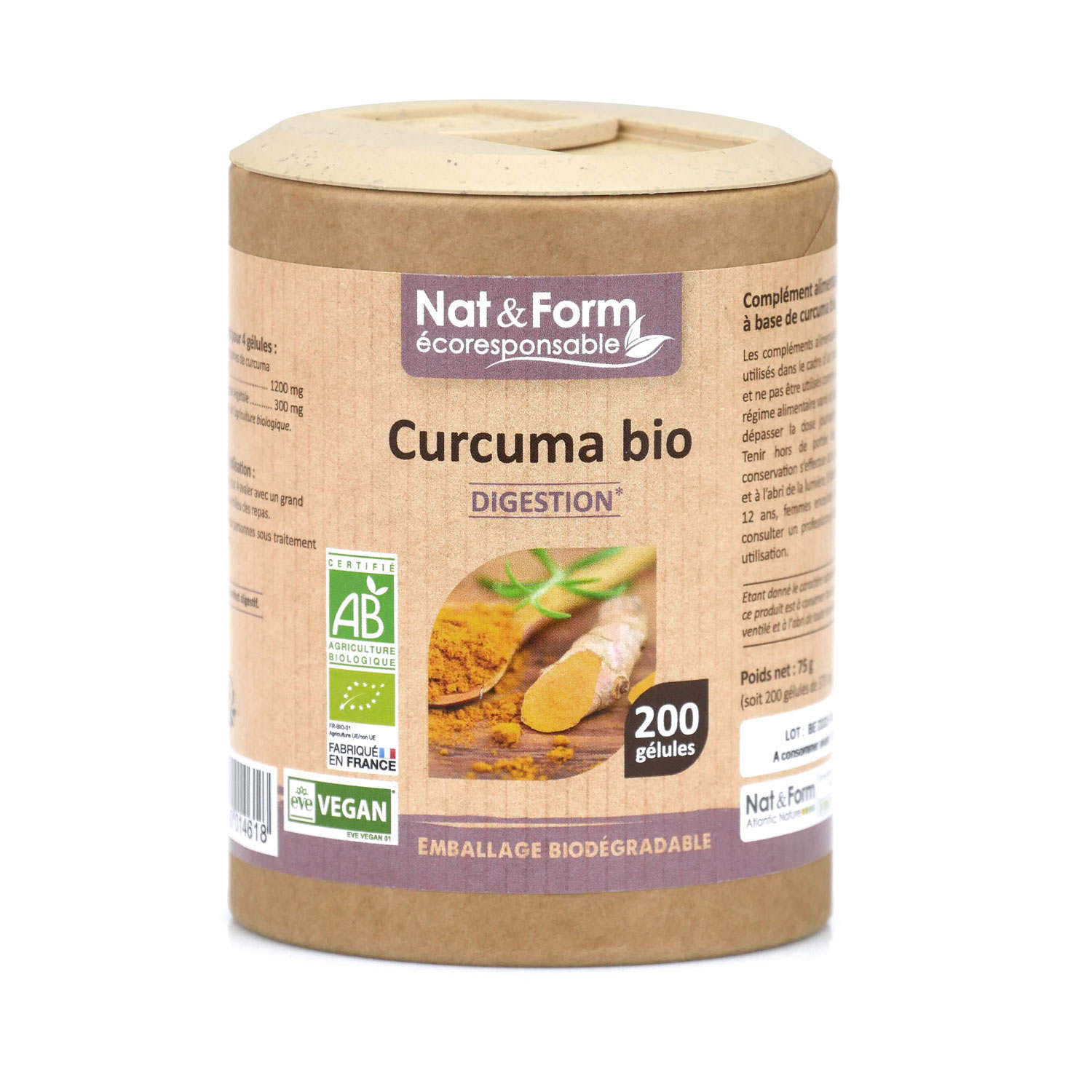 Curcuma bio - 200 gélules de 375mg - Nat&Form