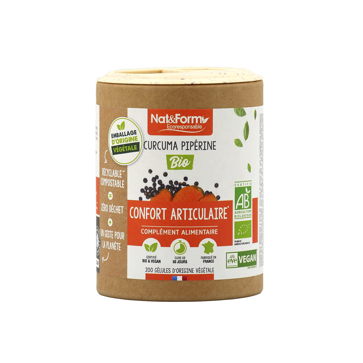 Curcuma et Pipérine bio - 200 gélules de 385mg - Nat&Form