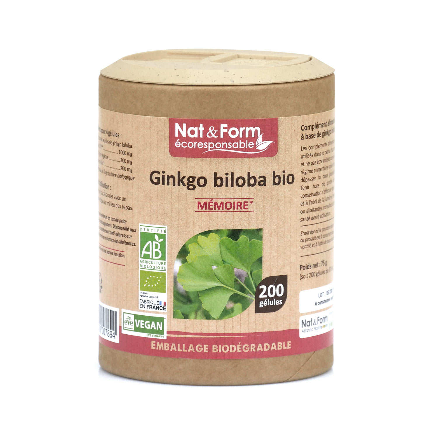 Ginkgo Biloba bio - 200 gélules de 375mg - Nat&Form