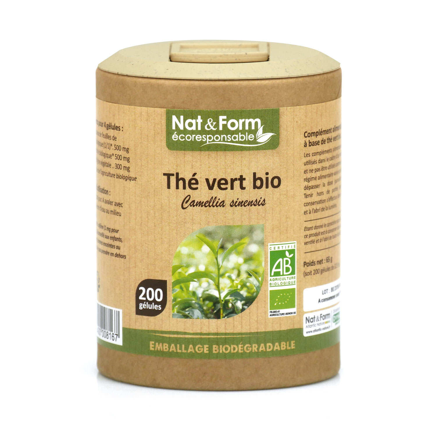 Thé vert bio - 200 gélules de 325mg - Nat&Form