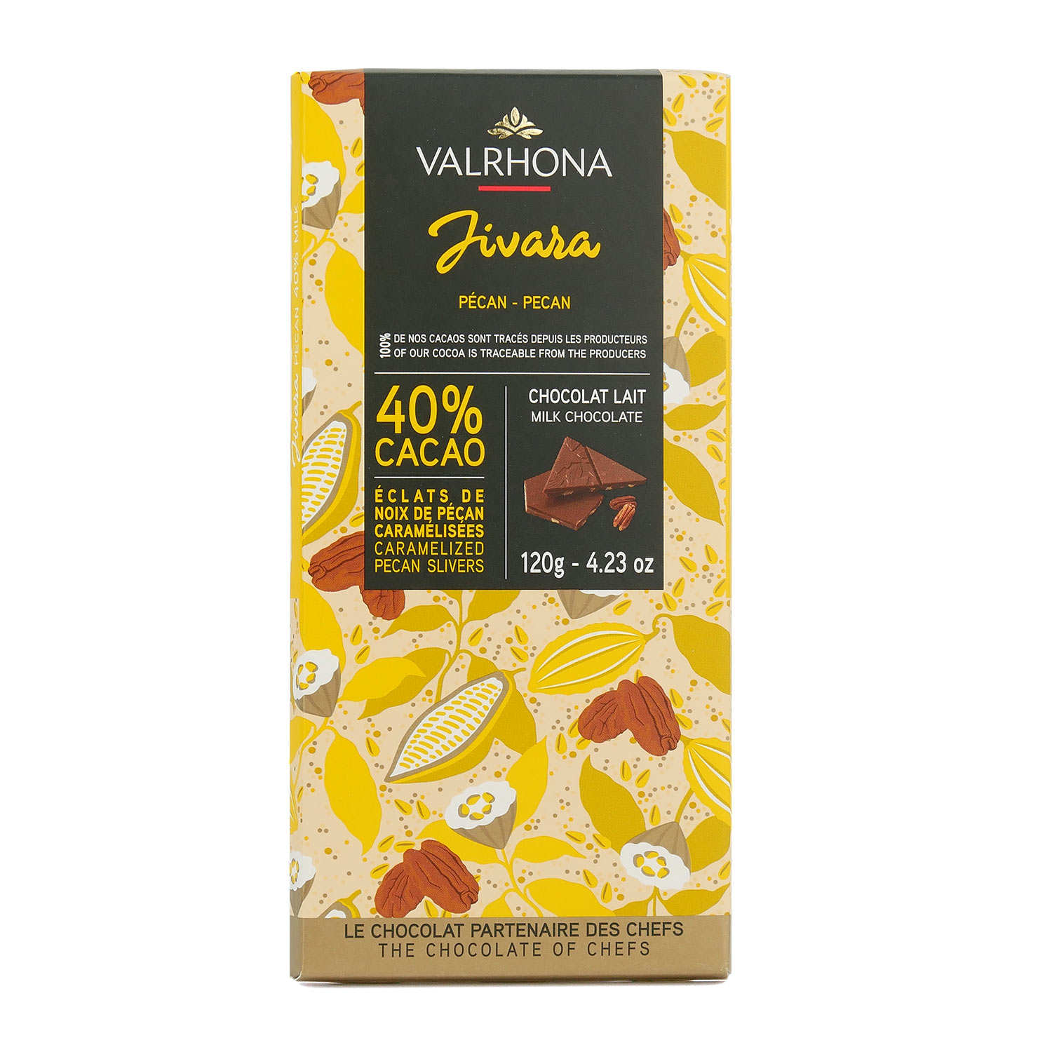 Bar of Milk Chocolate Jivara 40% with Pecan Nuts - Valrhona - Valrhona