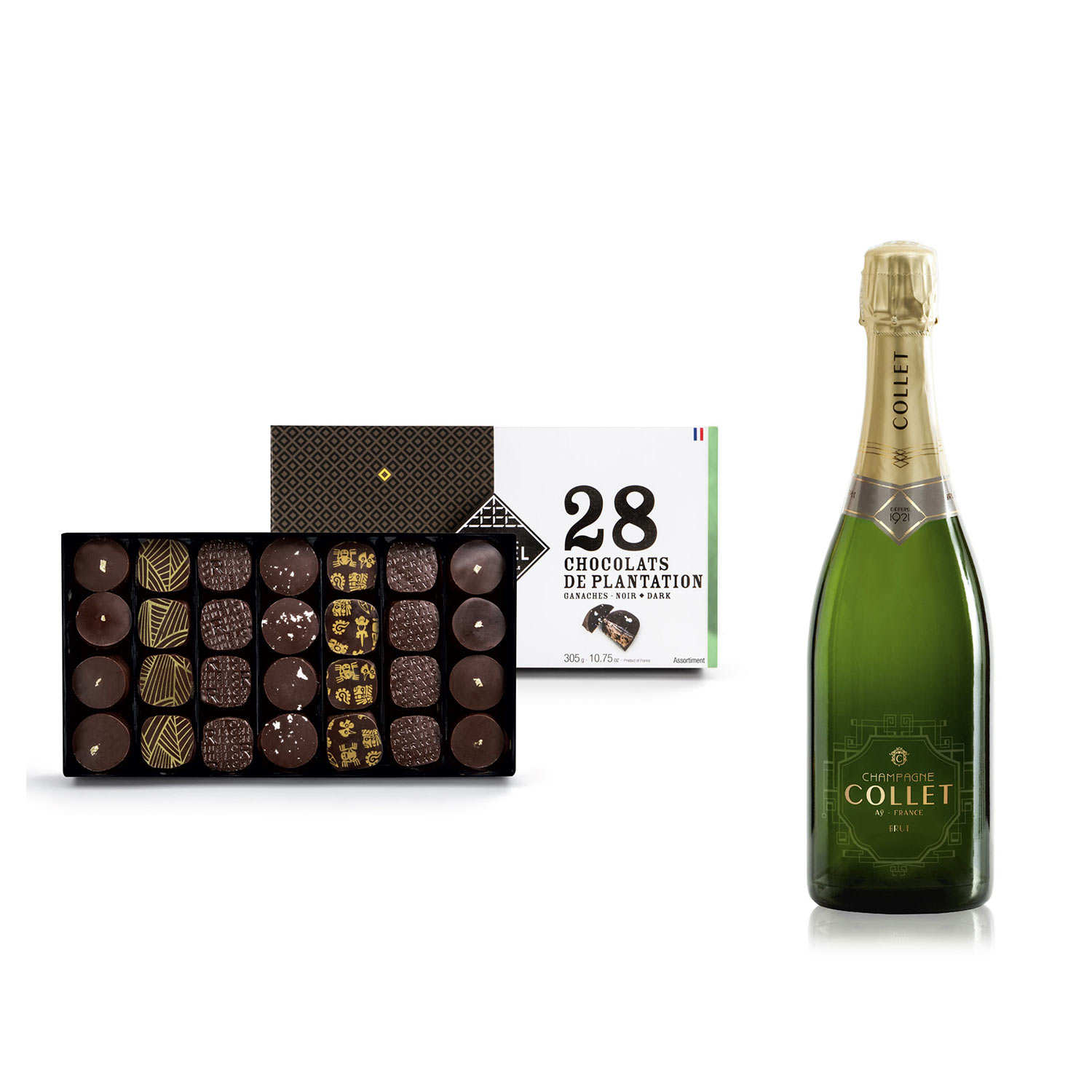 Assortiment de chocolats Michel Cluizel et Champagne Collet demi-bouteille
