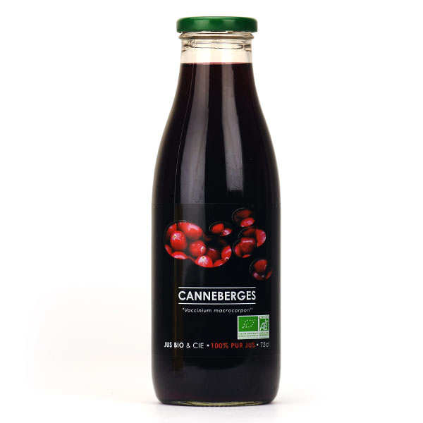 Pure organic cranberry juice bottle