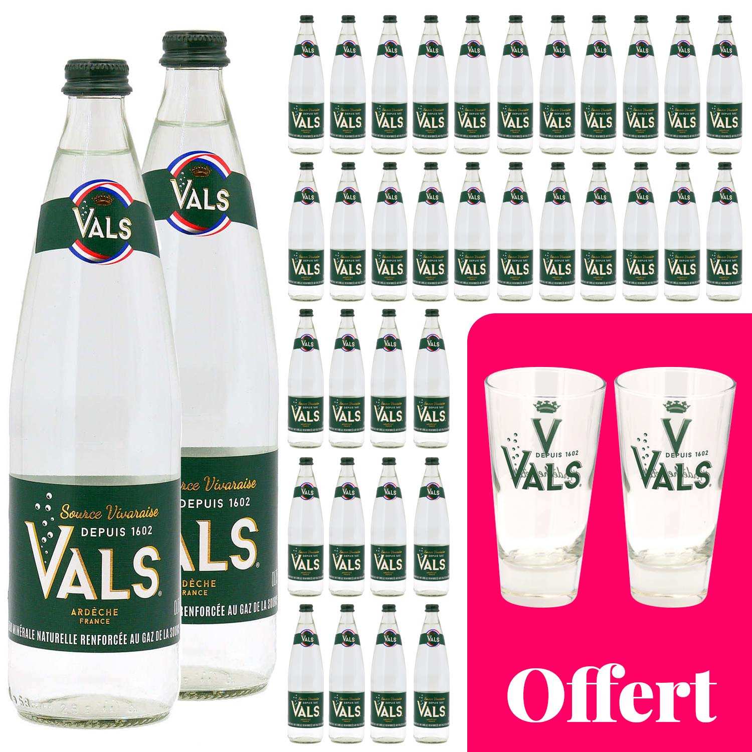 36 bottles of natural sparkling mineral water from Ardèche Vals - Vals