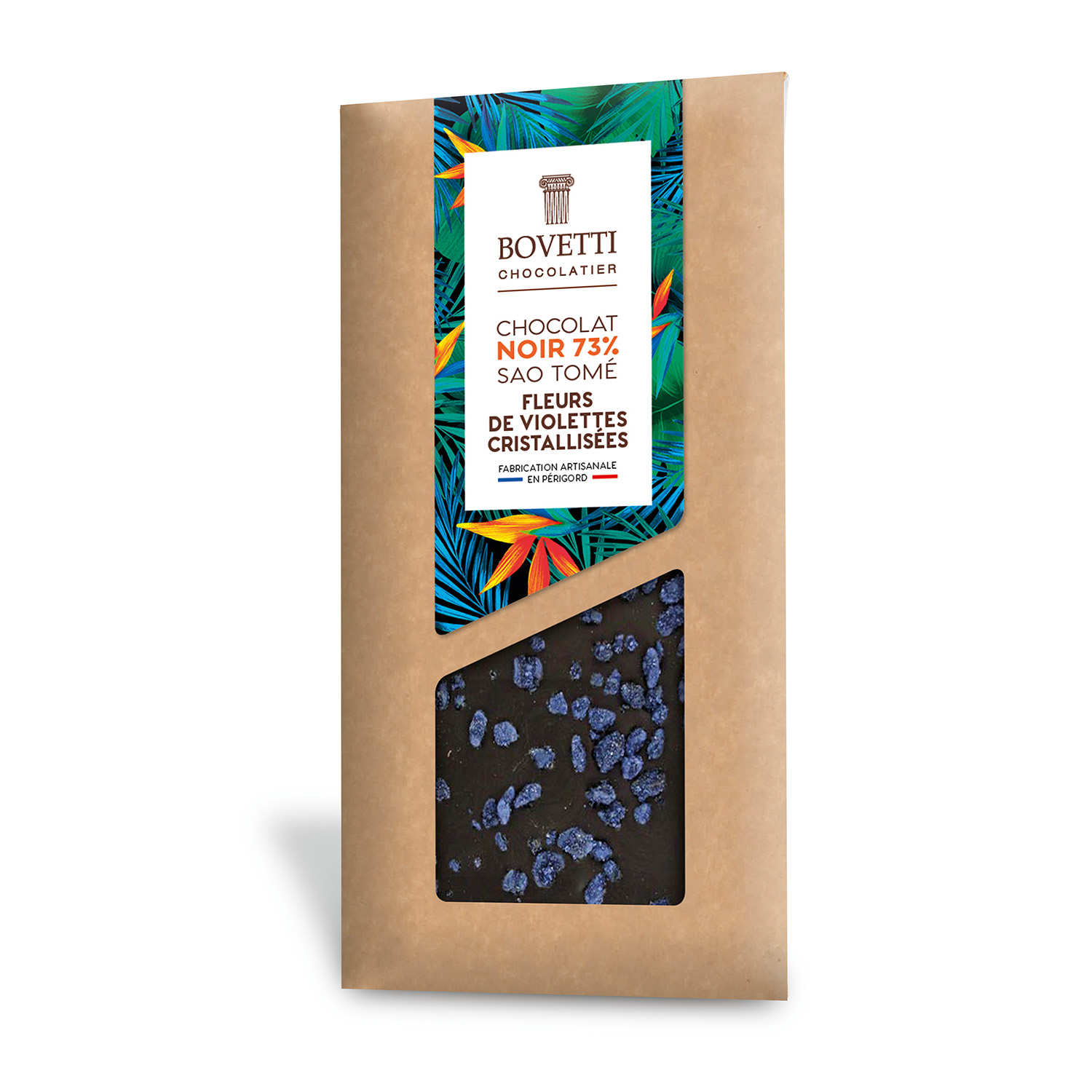 Dark chocolate bar 73% crystallized violet flowers - Bovetti chocolats