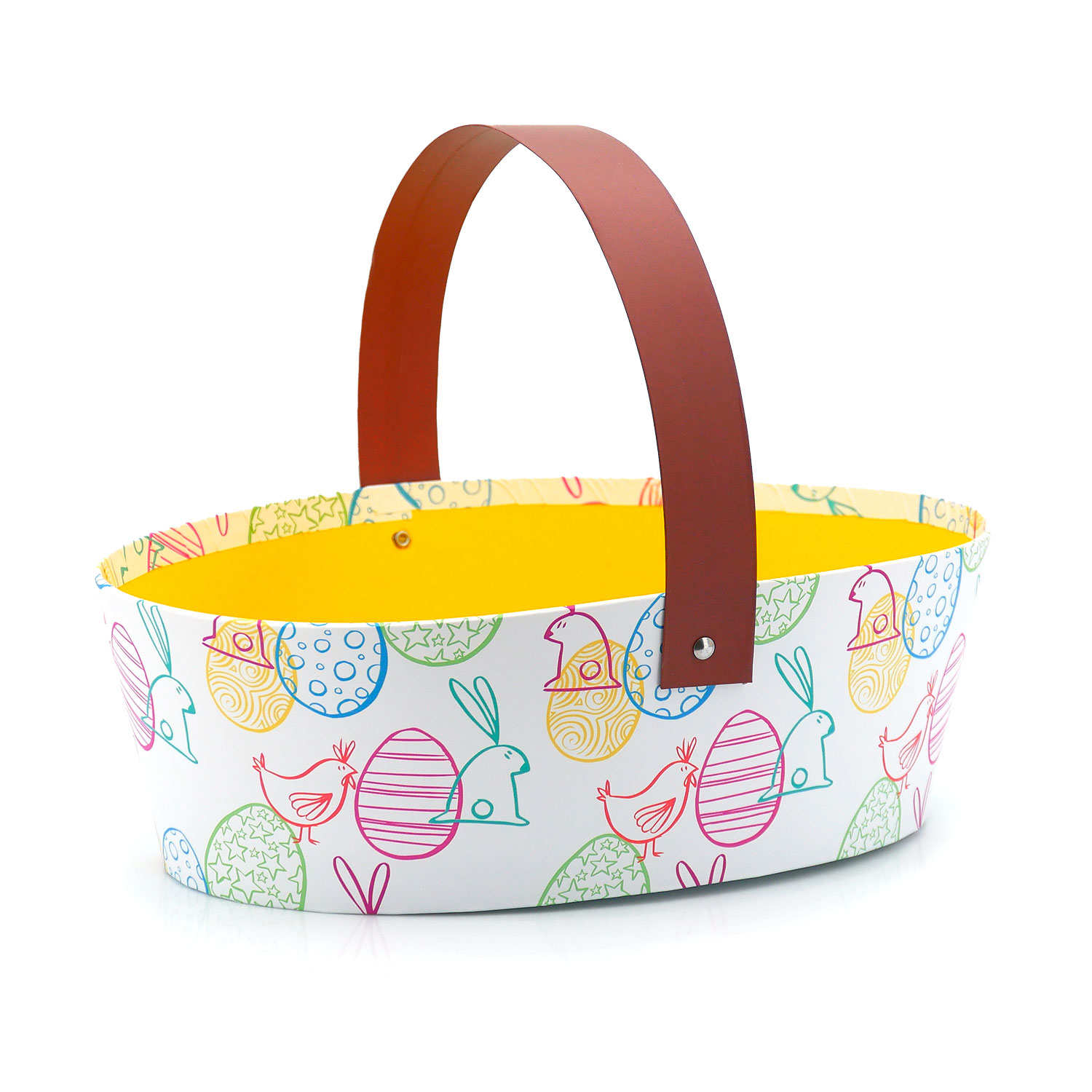 Small cardboard basket decorated with eggs and rabbits