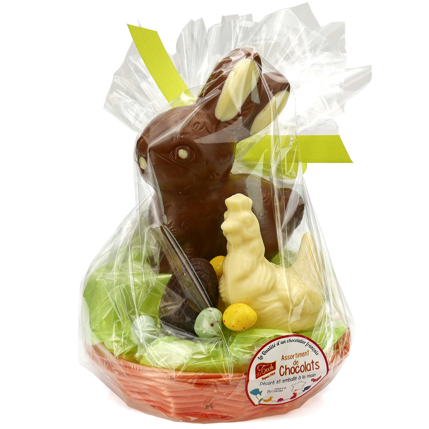 Milk chocolate bunny and white chocolate hen - Confiserie du Tech