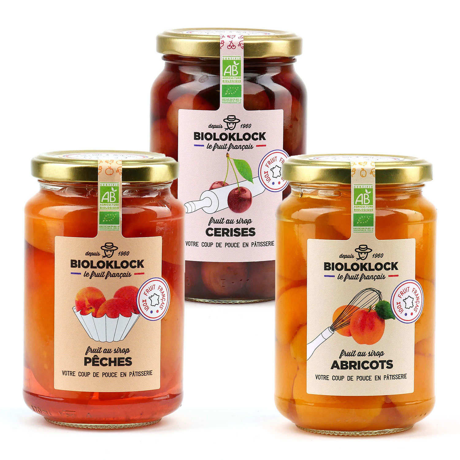 Assortment of 3 jars of fruit in syrup (cherries, peaches, apricots ...