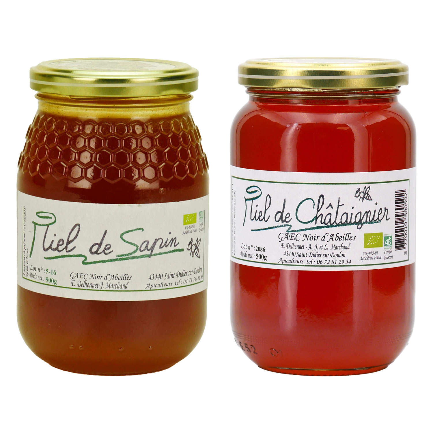 Assortiment 2 pots de miels français et bio (1kg) - GAEC Noir d'Abeilles