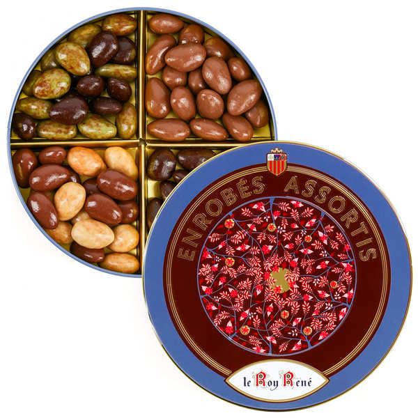 Assortment of coated almonds in a metal box - Le Roy René