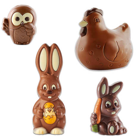 Easter Animals - Assortment of 4 chocolate molds (rabbits, hen and owl)