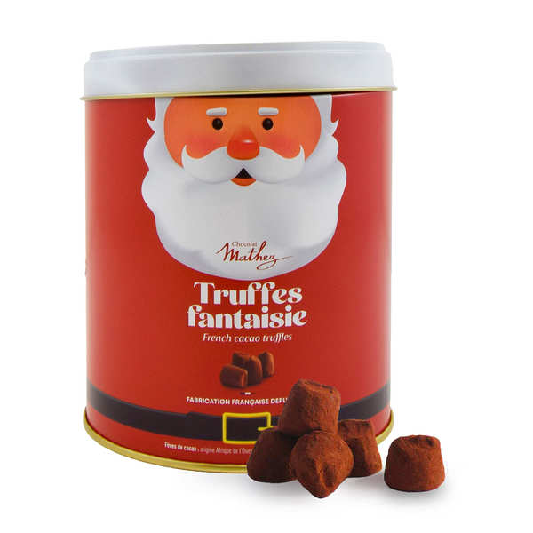 Fancy truffles with gingerbread pieces - Metal box with Santa Claus ...