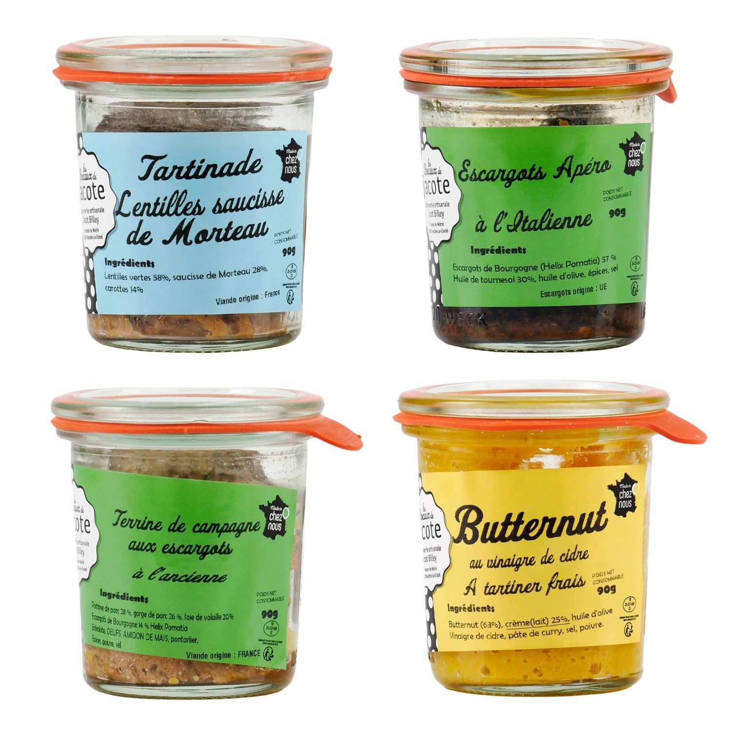 Assortment of gourmet spreads and snails Les Bocaux de Jacote - Les ...