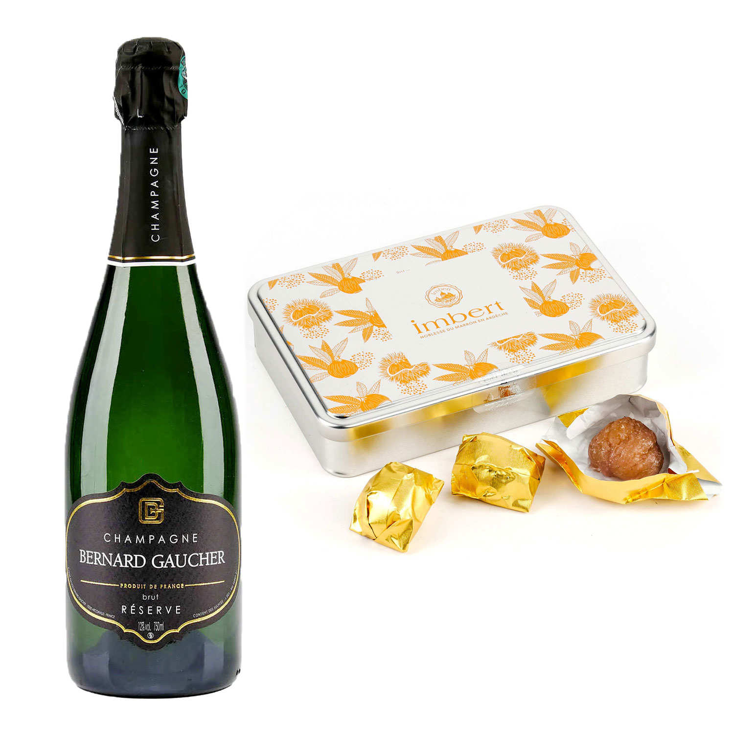 Assortment of Imbert candied chestnuts and Champagne Gaucher Réserve Brut