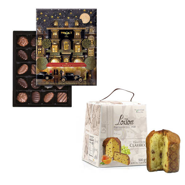 Assortment of sweet gifts for Christmas (Italian panettone, box of ...