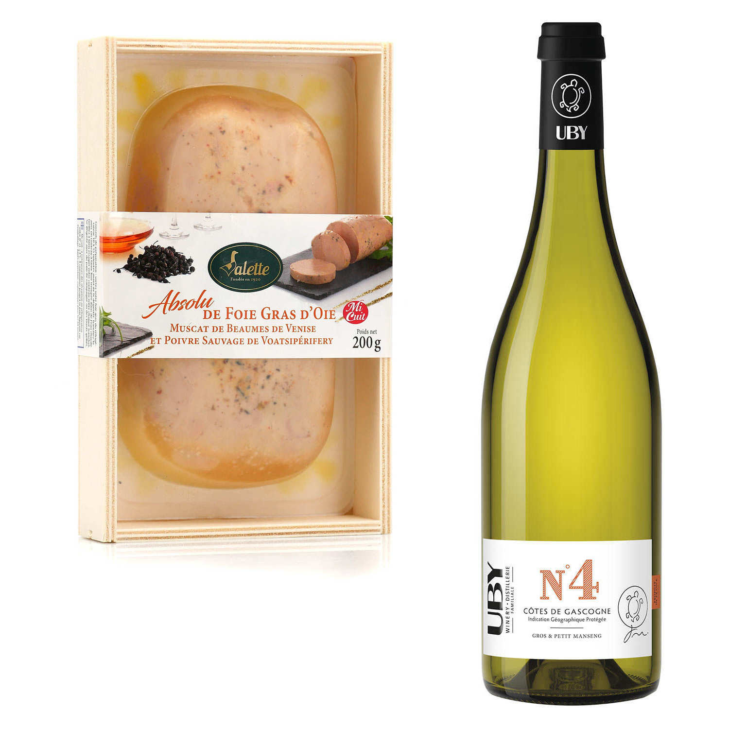 Assortment of semi-raw foie gras Valette and white wine from Gascony ...