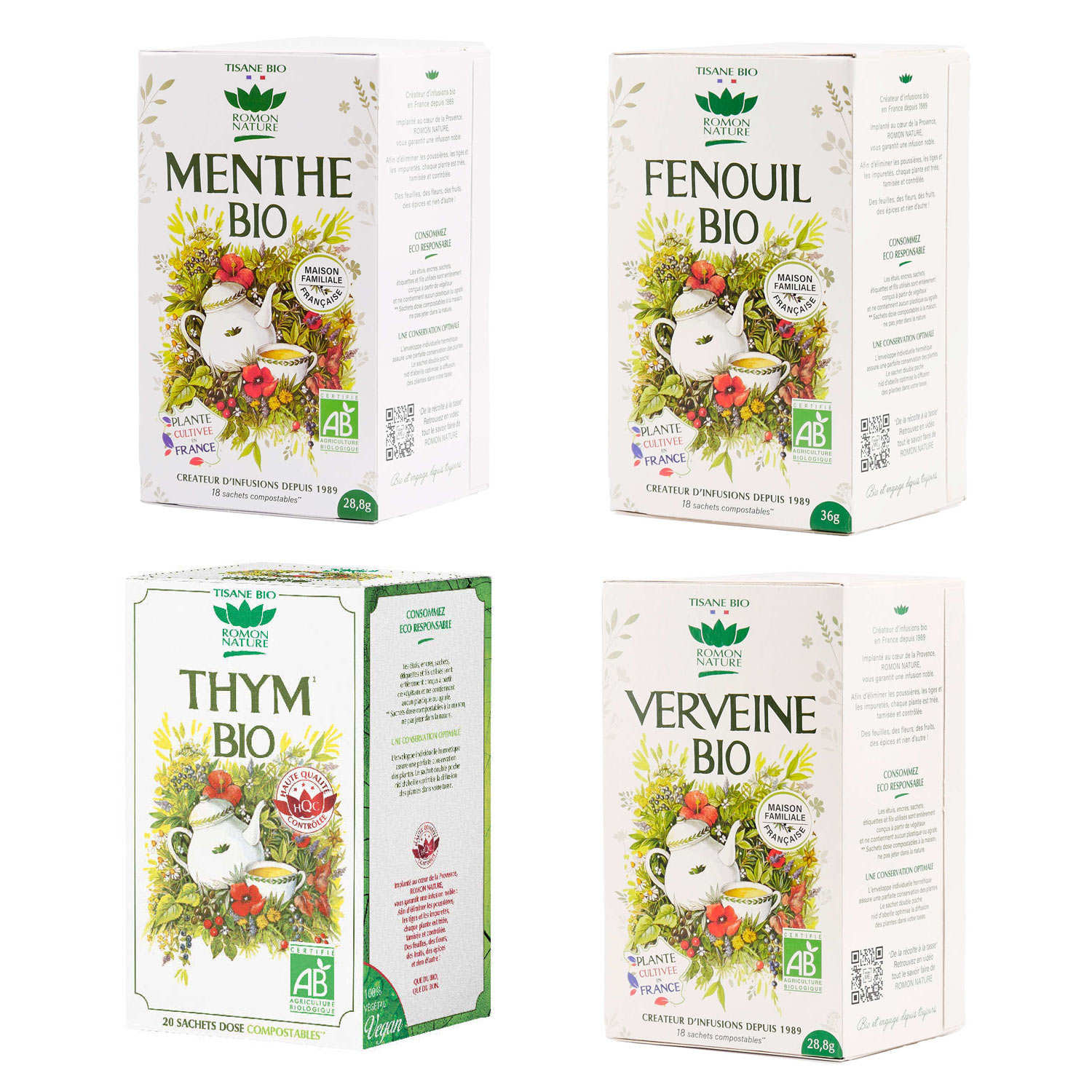 Assortiment de 4 tisanes bio aux plantes (menthe, thym, fenouil et ...