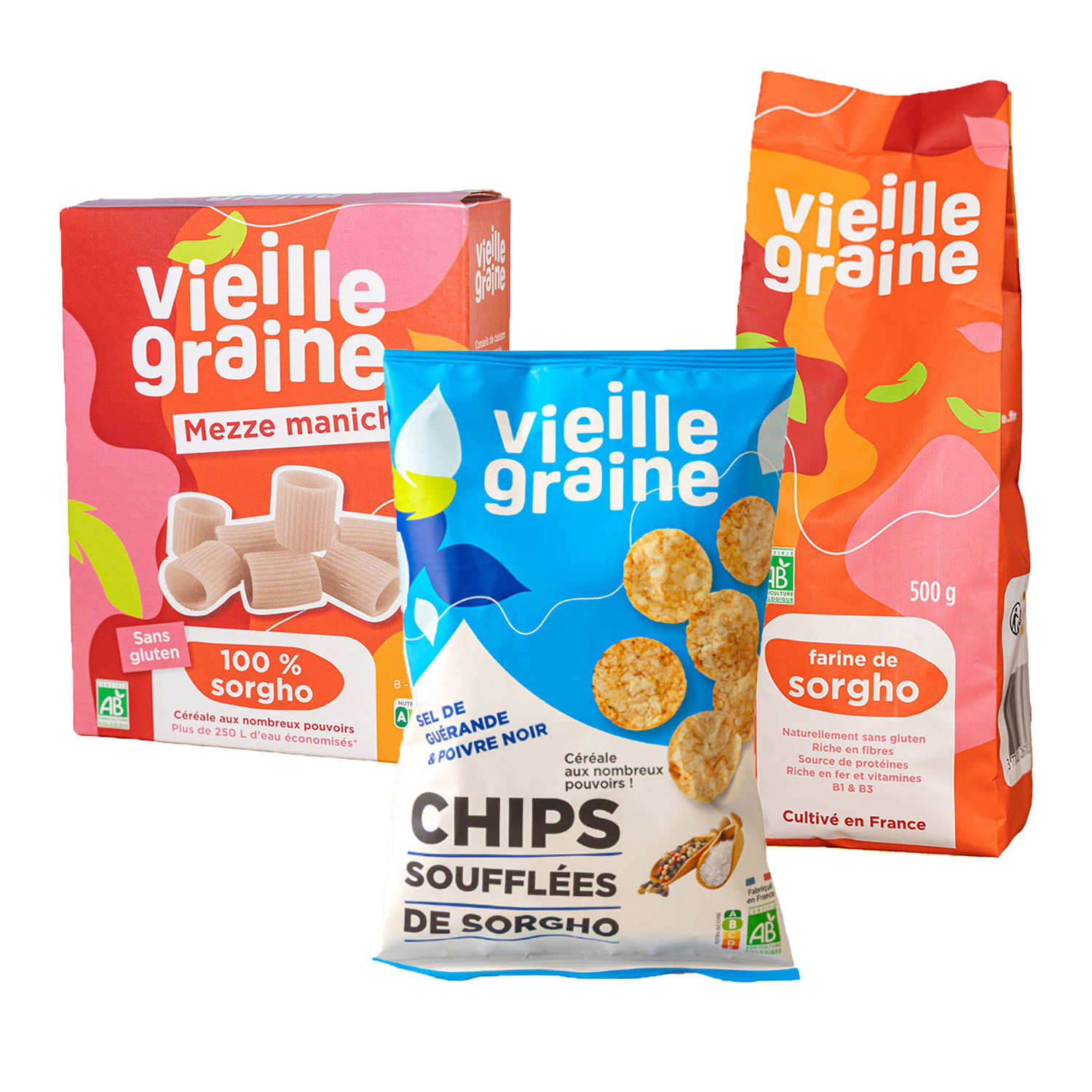 Assortiment de produits au sorgho, bio et sans gluten (chips, pâte et ...