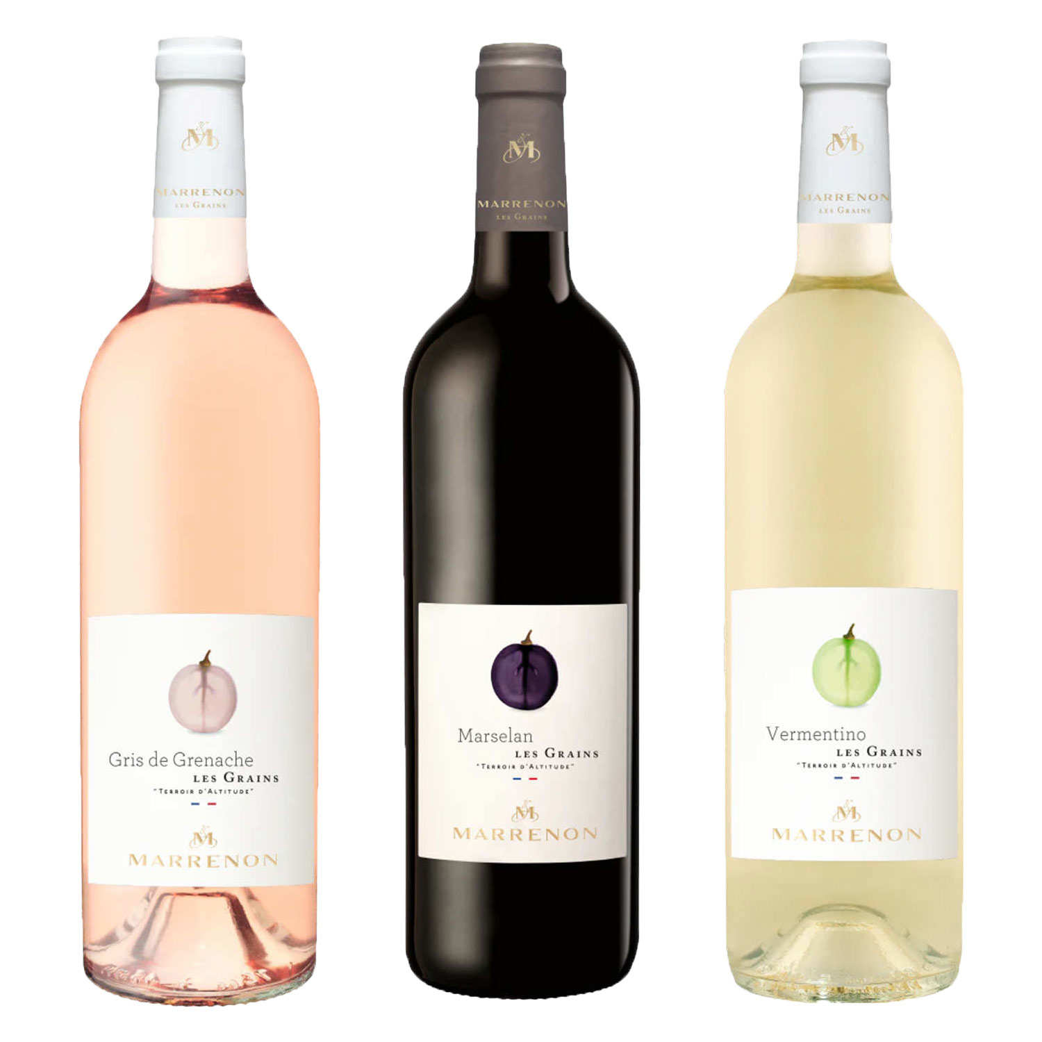 Assortiment de 3 vins Marreron collection Les Grains (rouge, blanc et ...