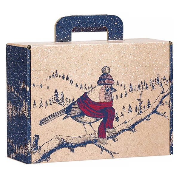 Red robin rectangular kraft cardboard suitcase in winter
