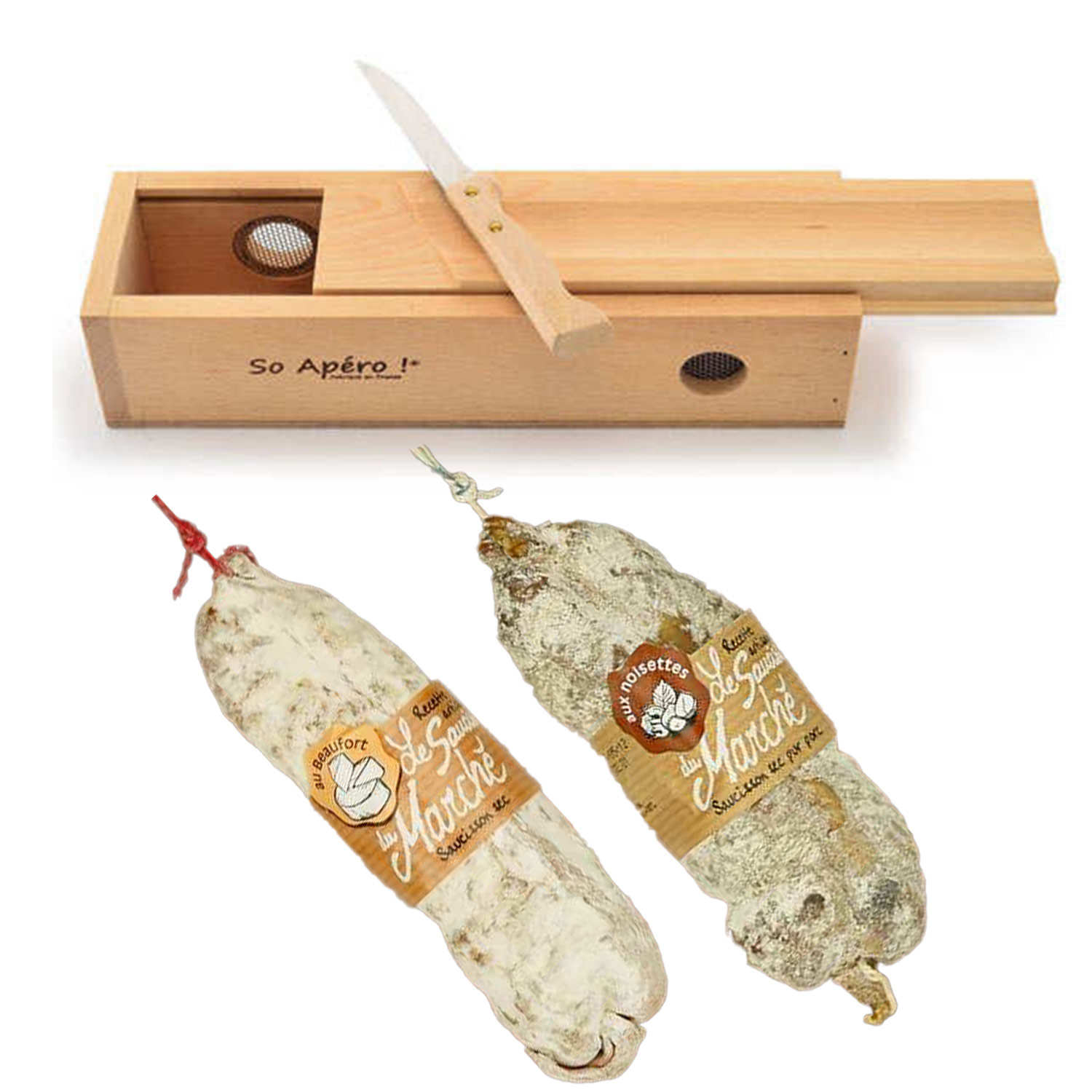 La cave à saucisson, son couteau et ses 2 saucissons - So Apéro
