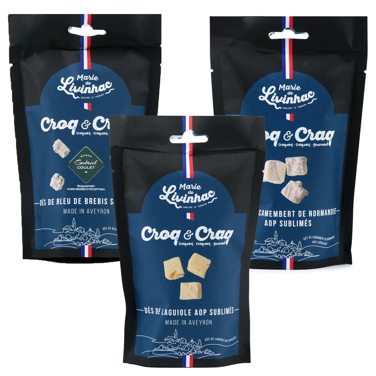 Lot de 3 sachets de dés de fromages (camembert, roquefort, laguiole ...