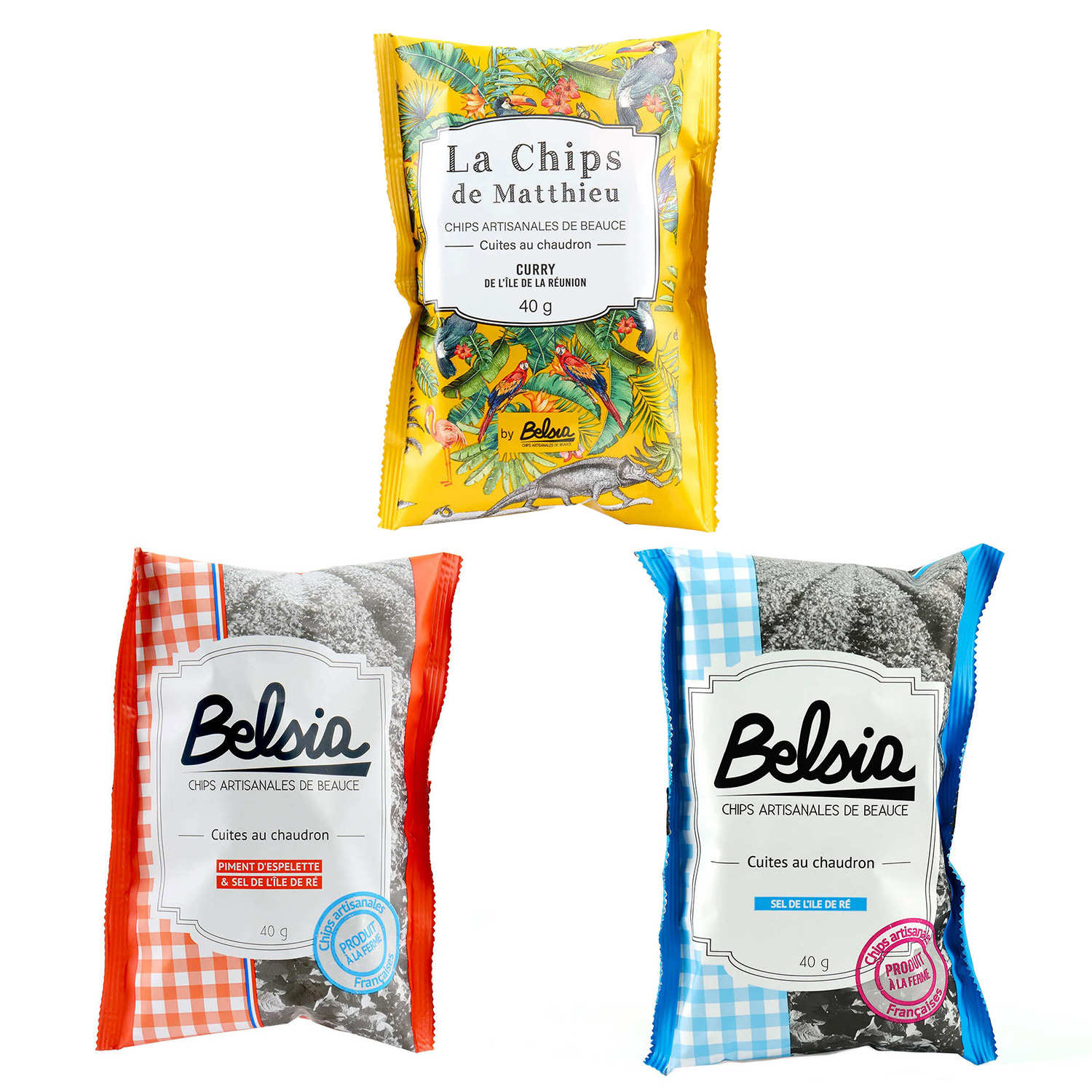 Assortiment 3 sachets de chips Belsia 40g (nature, piment, curry) - Belsia