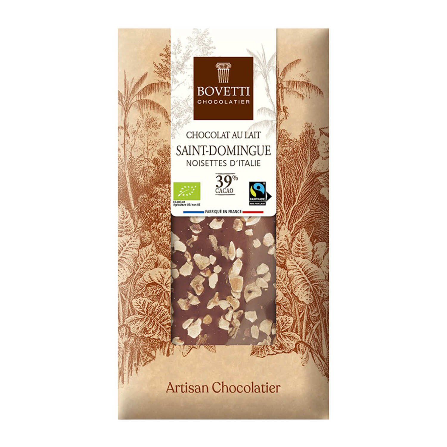 39% milk chocolate bar and Italian hazelnuts - Organic - Bovetti chocolats